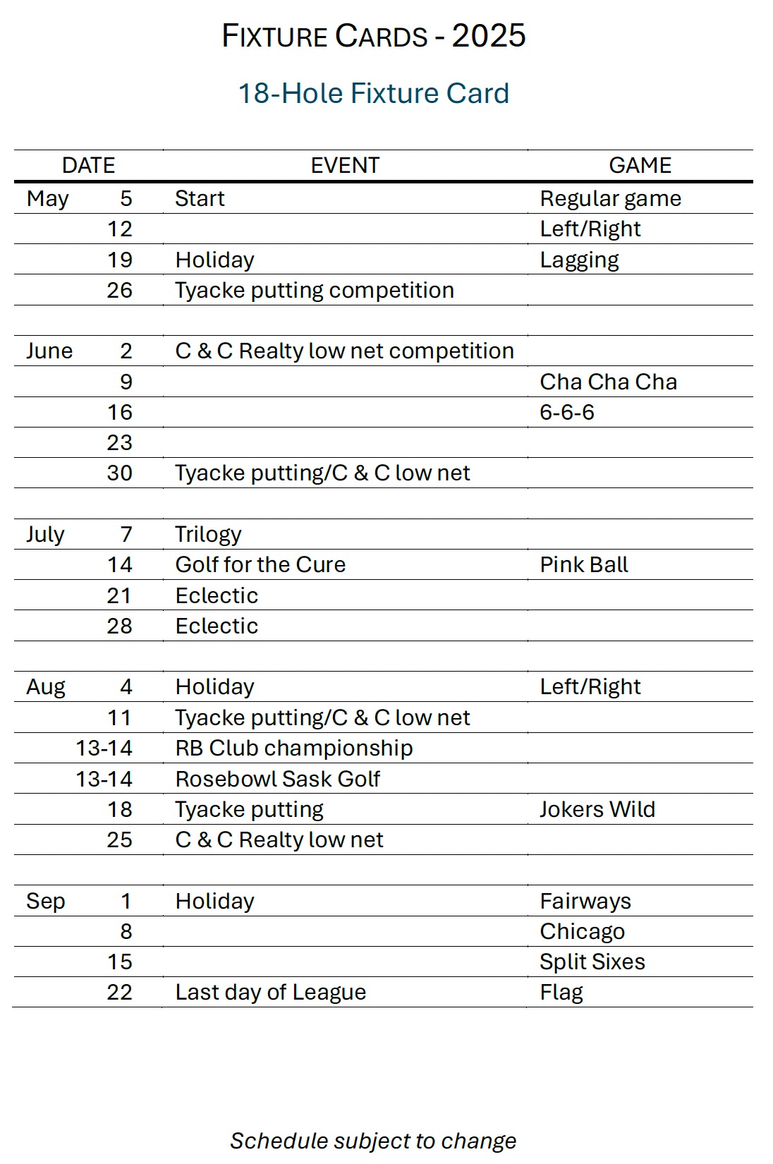 18 Hole Fixture Card – 2025 | Regina Beach Ladies Golf Club