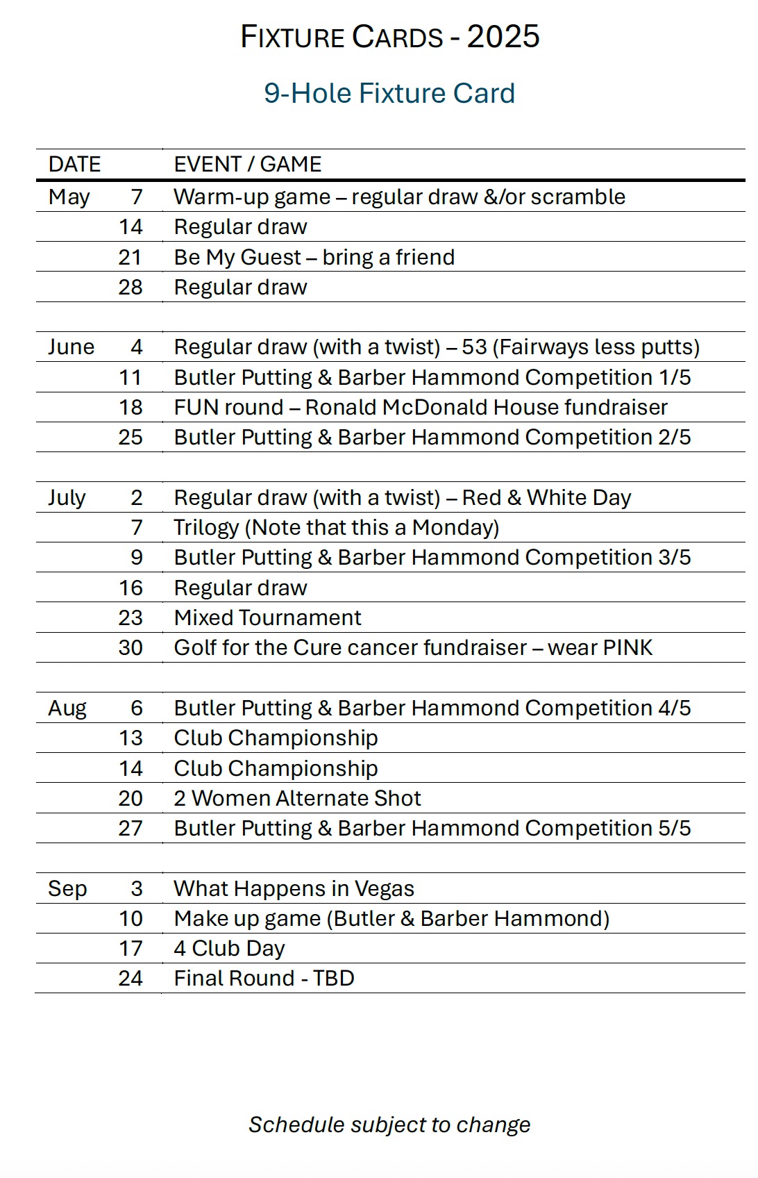 9 Hole Fixture Card – 2025 | Regina Beach Ladies Golf Club